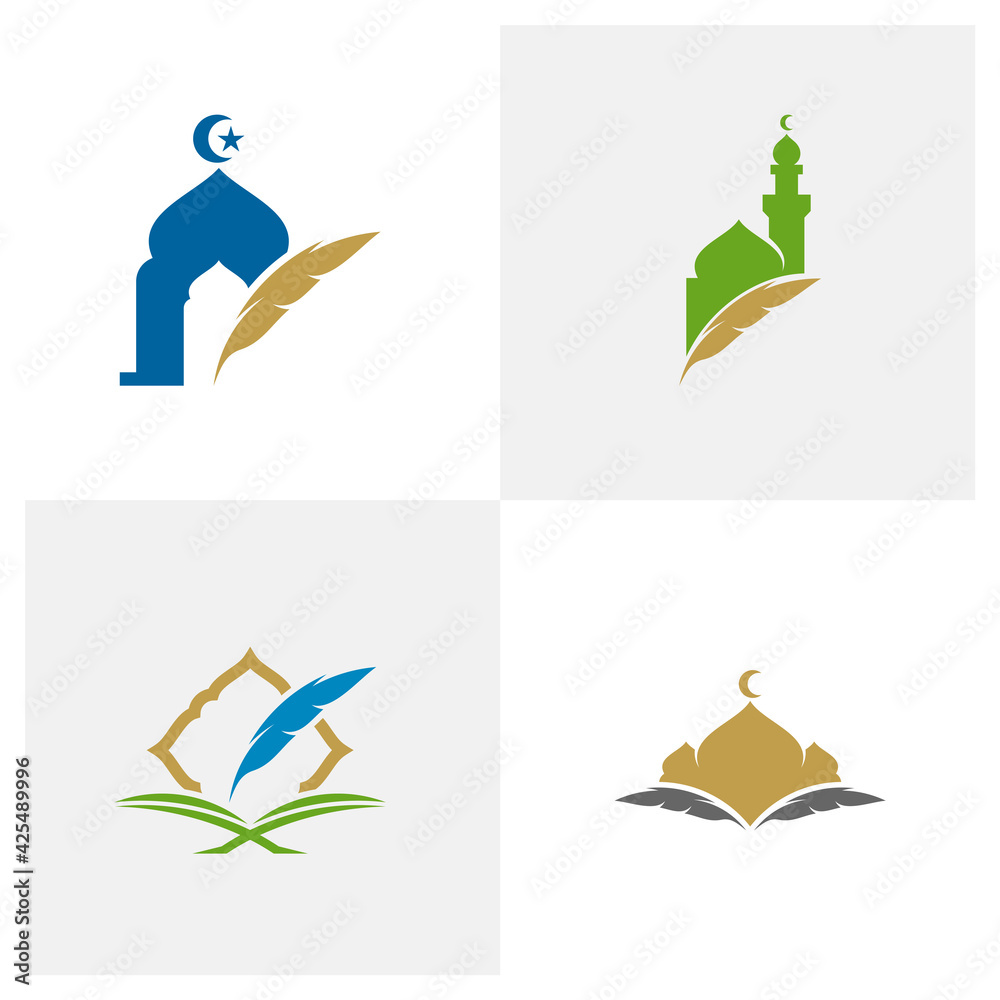 Set of Feather with Mosque logo design vector illustration, Creative ...