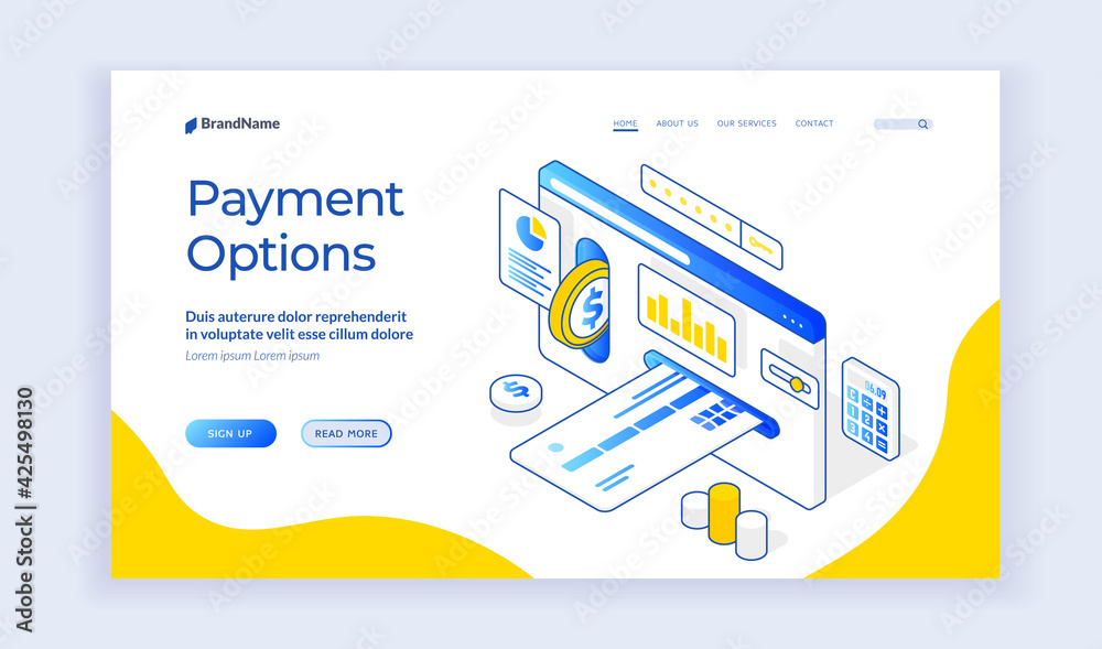 Payment options. Vector isometric illustration of credit card and coin ...