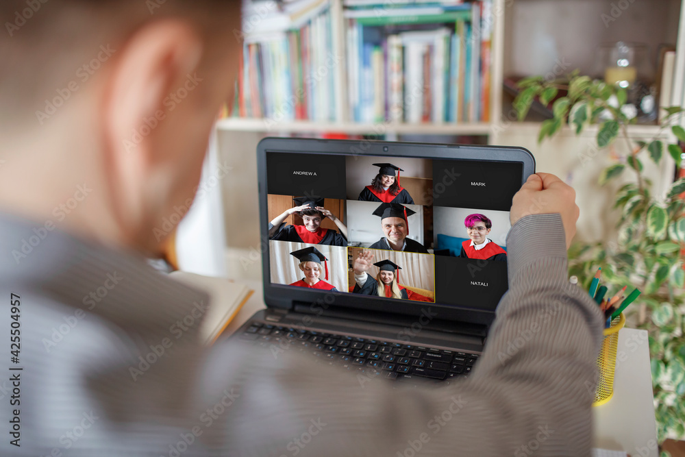 Virtual graduation and convocation ceremony. Laptop screen with happy ...