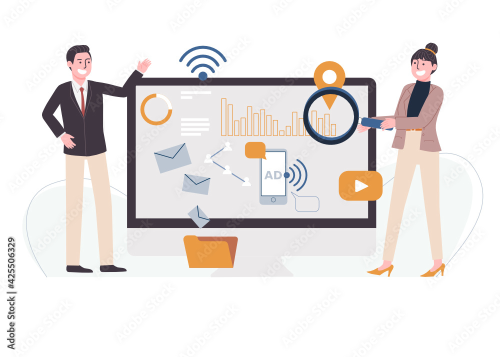 Flat style vector illustration of cartoon character standing with graph ...