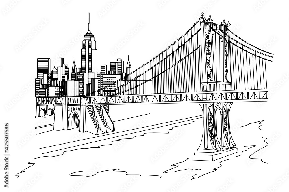 vector sketch of Manhattan Bridge, New York, USA. Stock Vector | Adobe ...