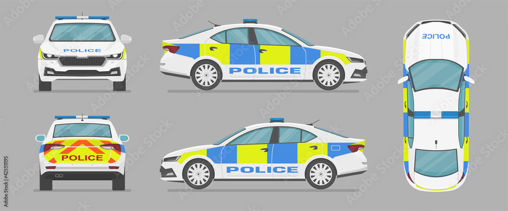 Vector UK sedan auto. English police car. Side view, front view, back ...