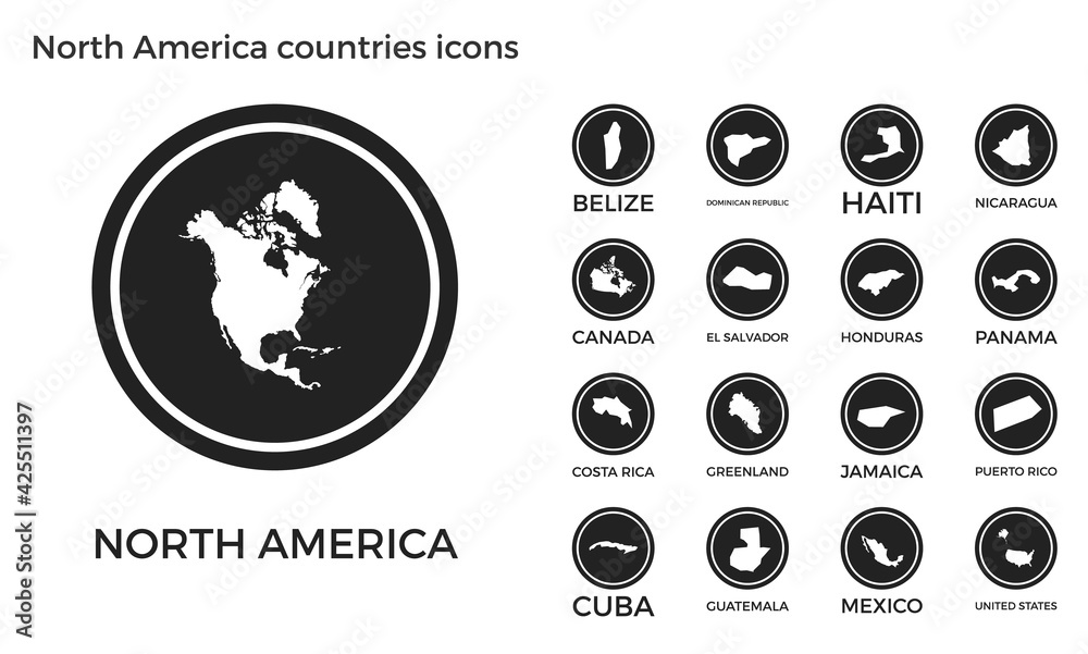 North America countries icons. Black round logos with continent ...