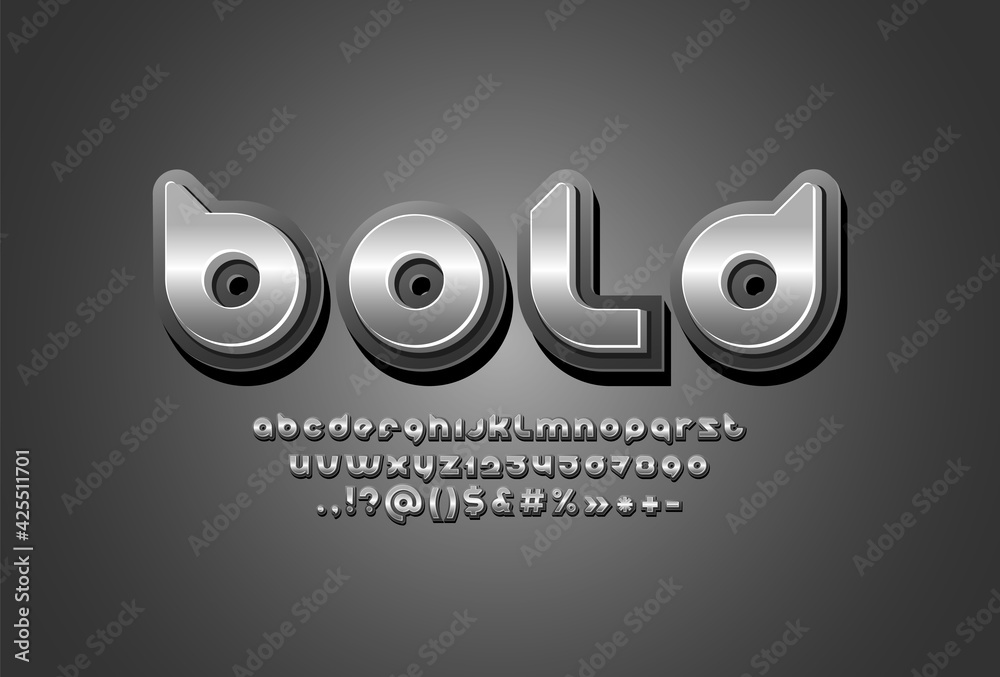 3D metal font, metallic rounded alphabet, bold letters and numbers ...