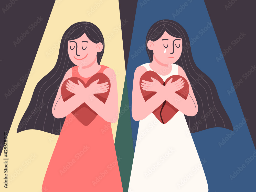 Flat style vector illustration of woman in two feelings expressing ...