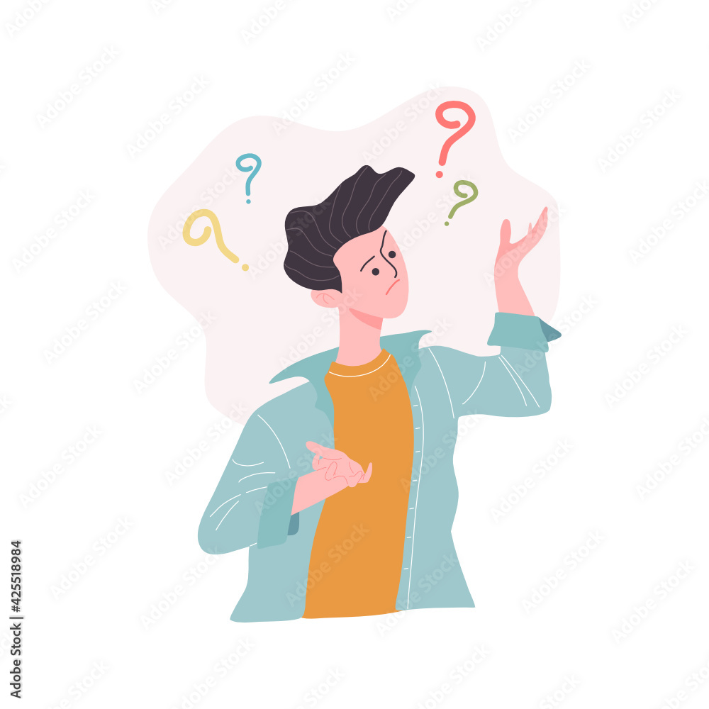 Flat style vector illustration of cartoon man character with confusing ...