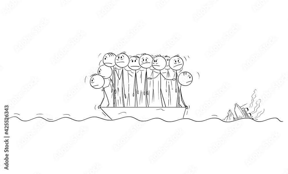 Group of People or Businessmen Standing Helplessly on Small Lifeboat ...