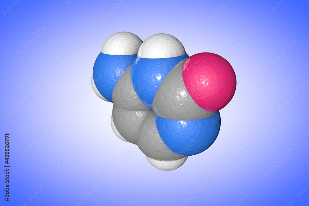 Space-filling molecular model of cytosine. Atoms are represented as ...