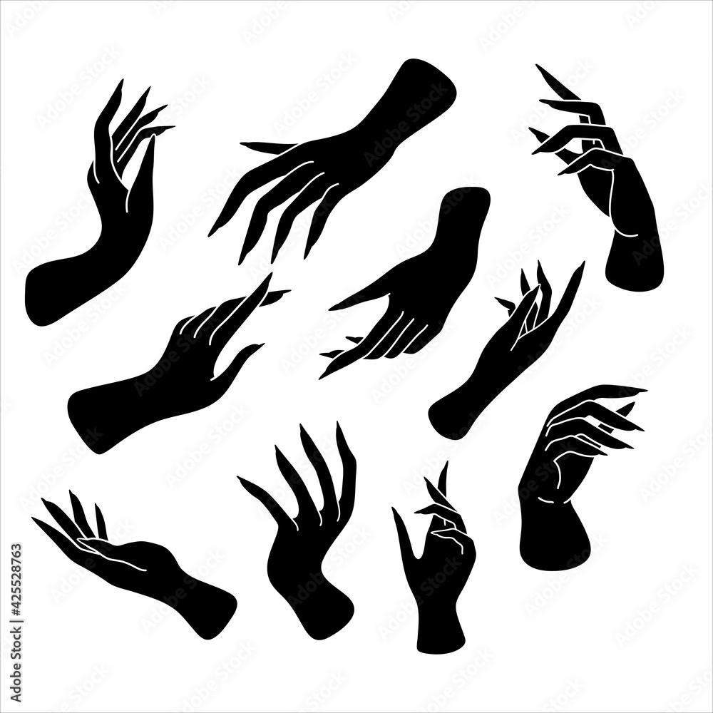 Witch hands silhouette. Set of elegant female hands in a minimal flat ...