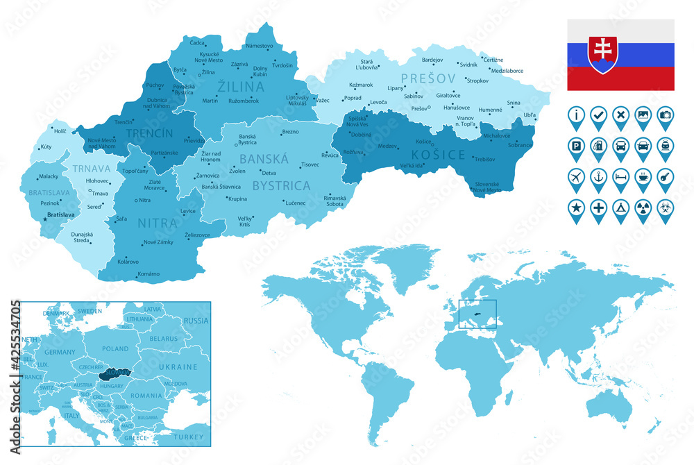 Slovakia detailed administrative blue map with country flag and ...