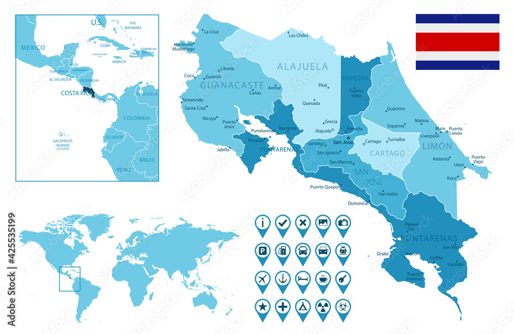 Costa Rica detailed administrative blue map with country flag and ...