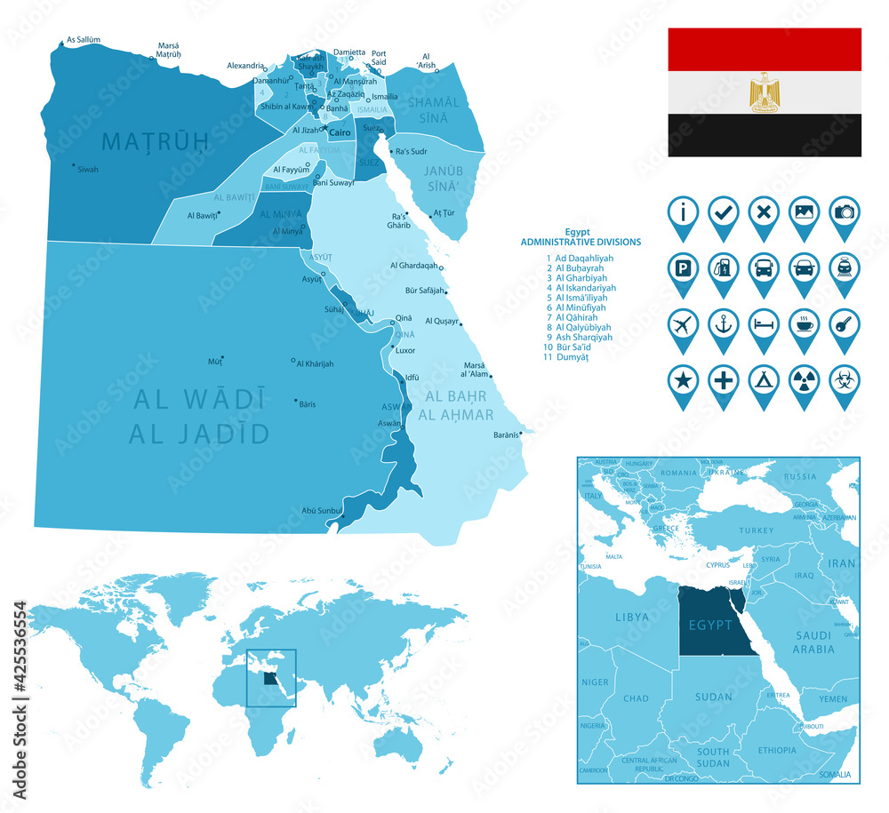 Egypt detailed administrative blue map with country flag and location ...