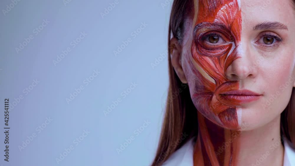 Young woman with half of face with muscles structure under skin. Model ...