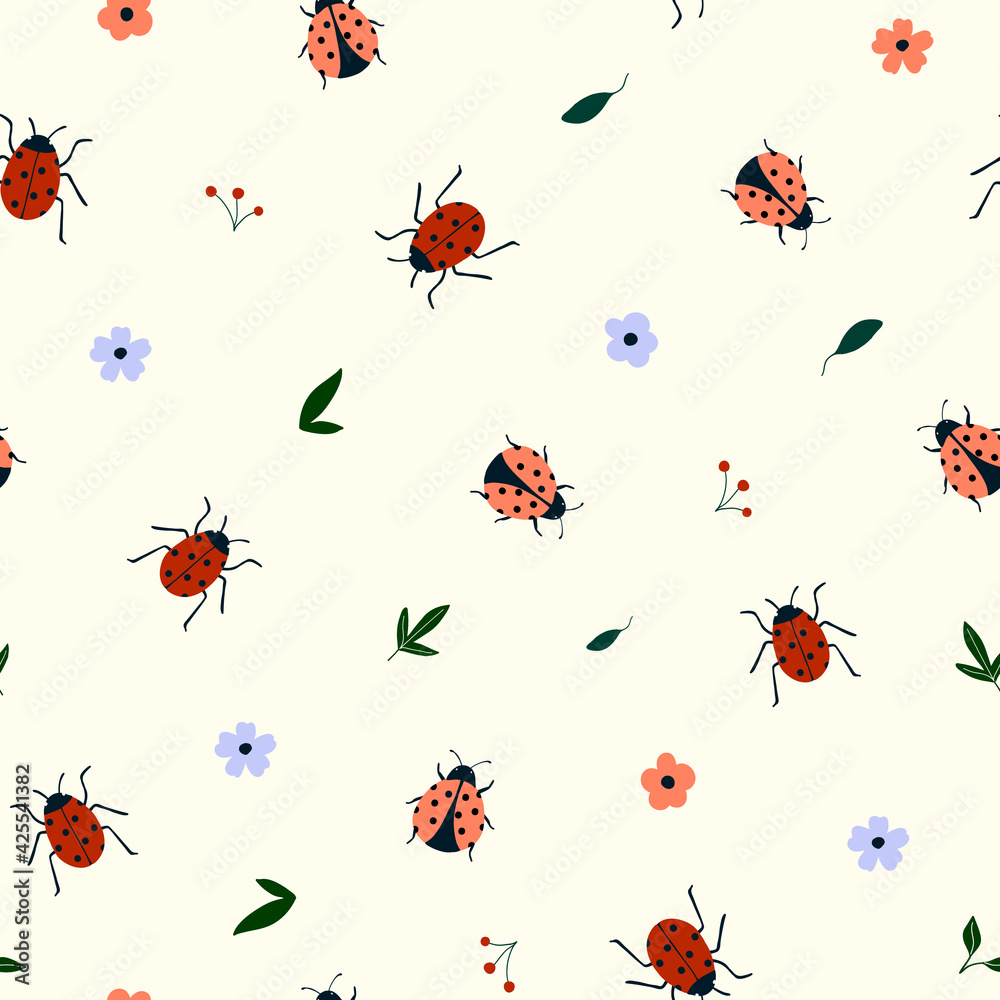 Seamless pattern with cute hand drawn ladybugs and flowers. Cozy hygge ...