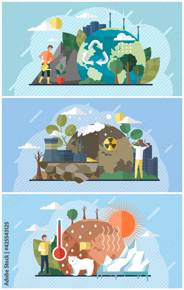 Set of illustrations on theme of environmental problems, global warming ...