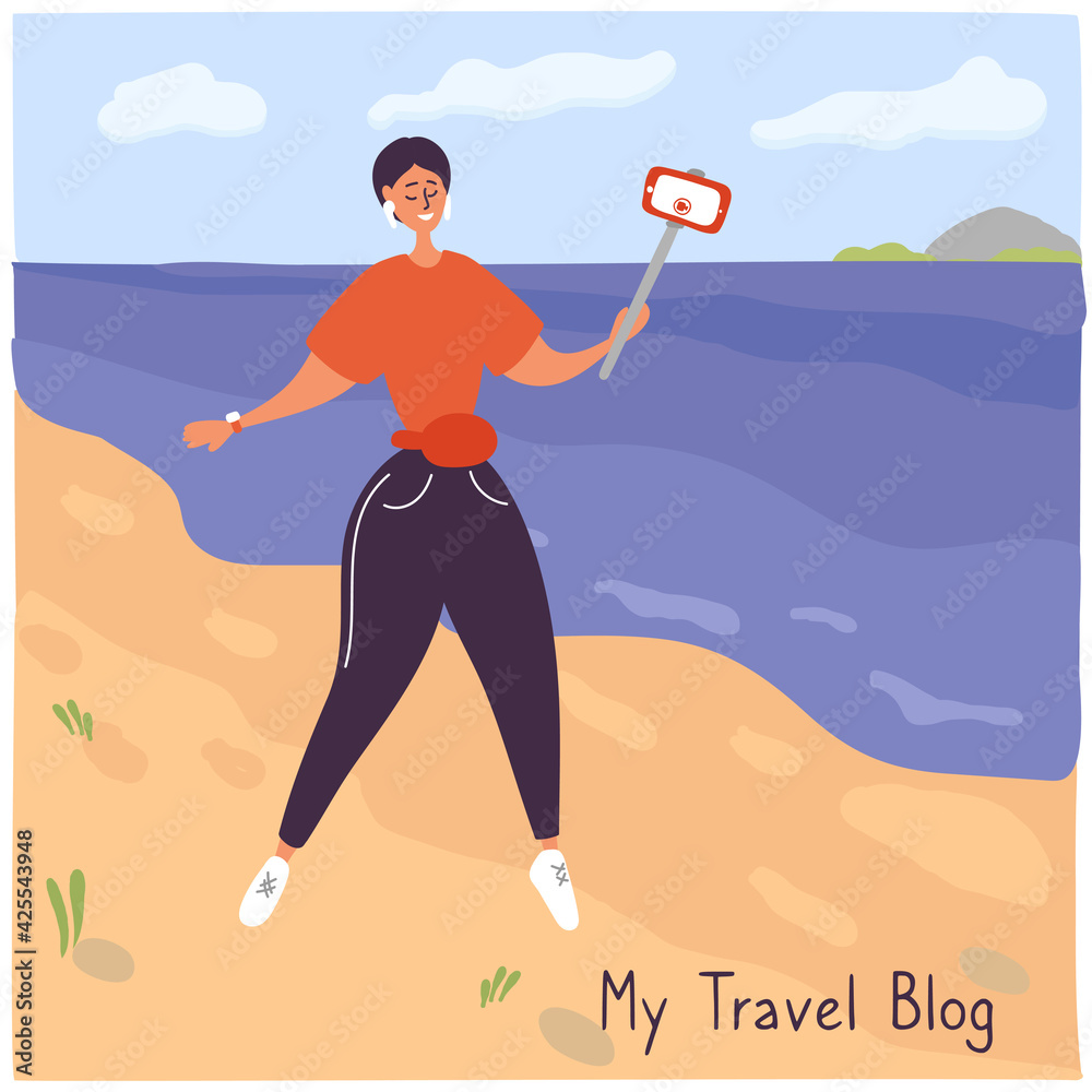 Travel blogger walks along seaside. Young woman records video. Girl ...