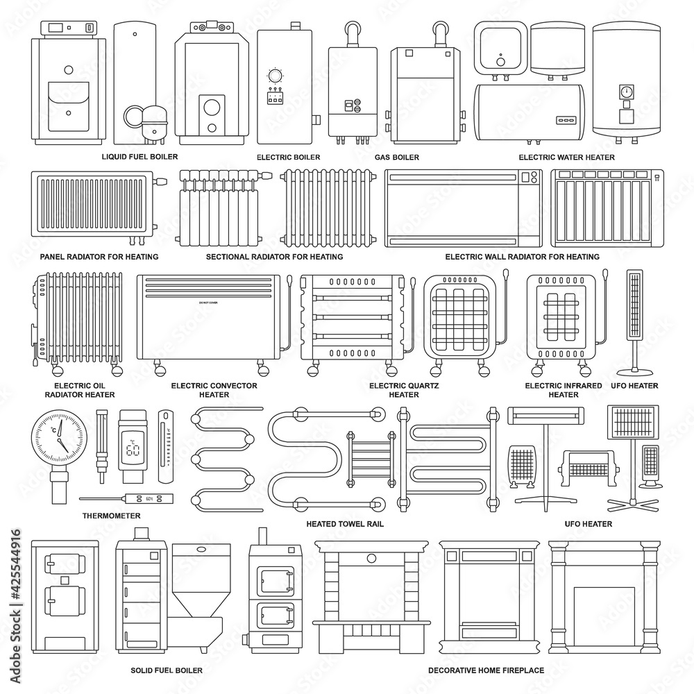 Electric heater vector outline set icon. Vector illustration boiler on ...