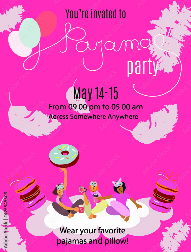 Pajama Party invitation card template, lettering, three girls, pink ...