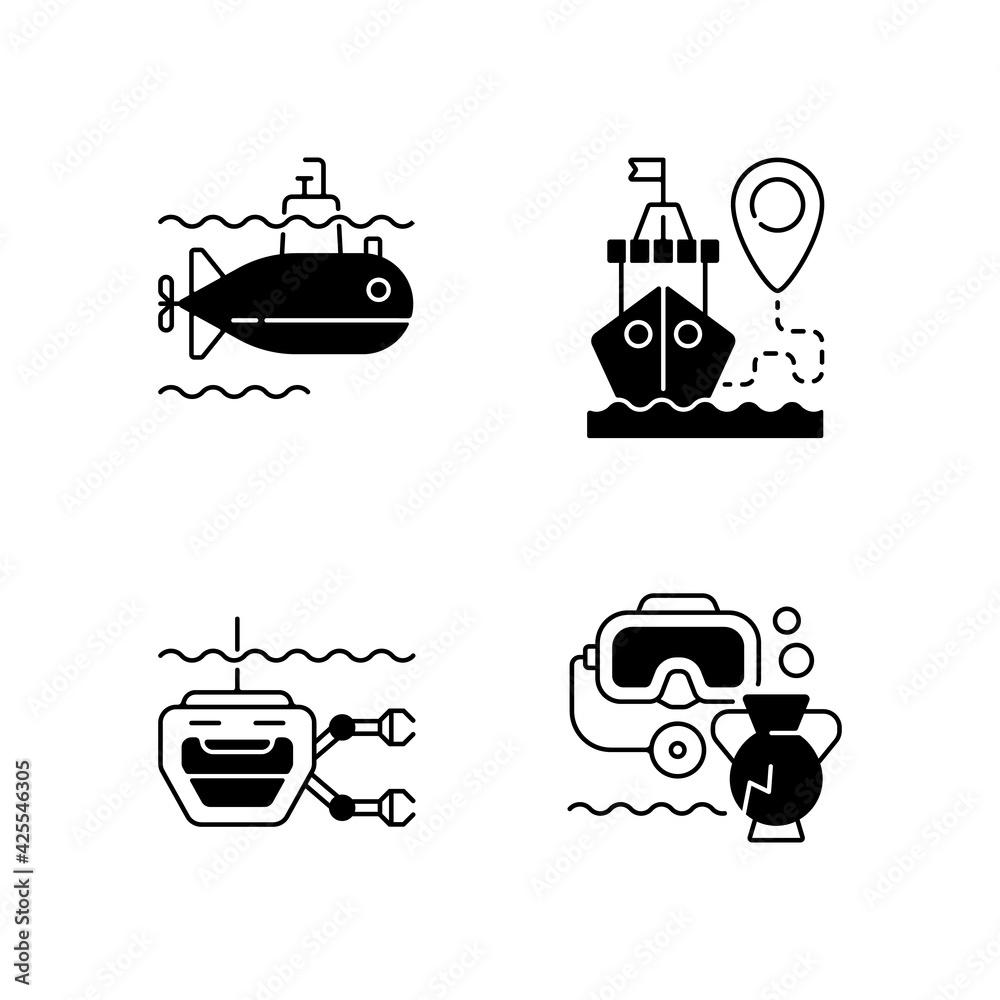 Marine exploration black linear icons set. Underwater archaeology tools ...
