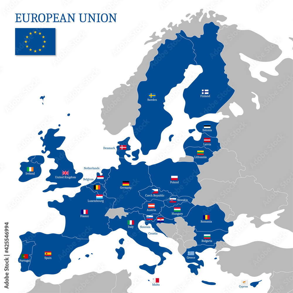 European Union blue map with country flags. Association of 28 member ...