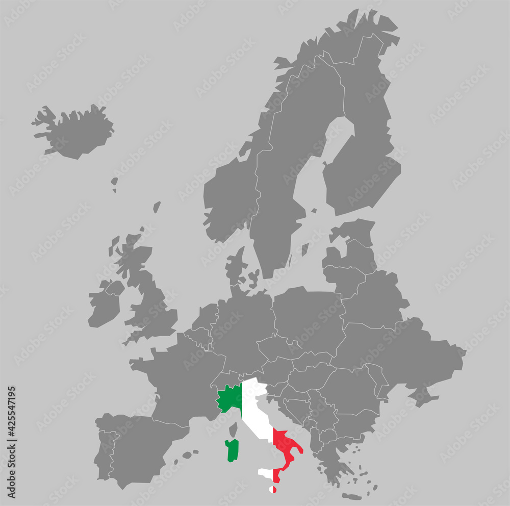 Map of Europe showing the territory of Italy highlighted by a flag ...