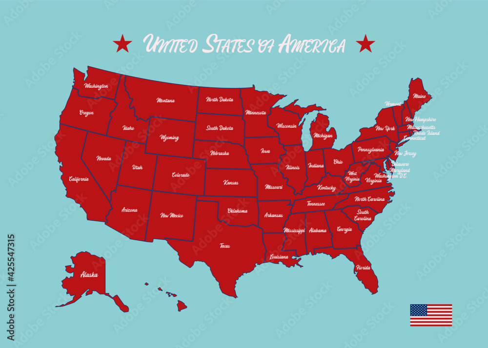 Map of USA in red color on blue background with names of every state ...