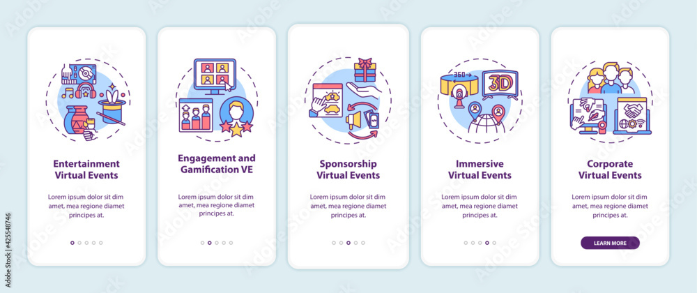 Virtual events types onboarding mobile app page screen with concepts ...