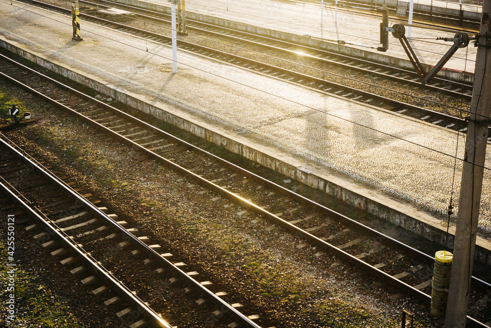 Sunset over train station. Railway top view background. Train transport ...
