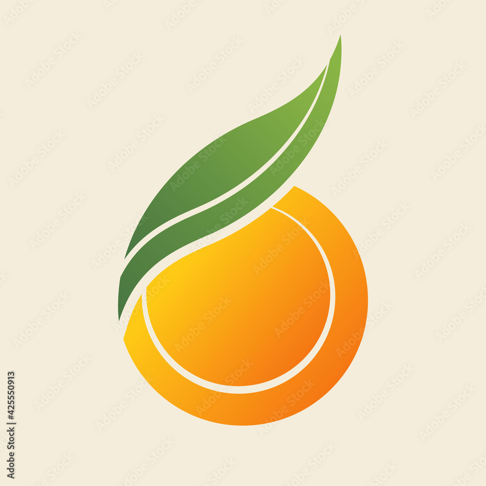 Abstract bright taste fruit citrus orange logo with green leaf sign ...