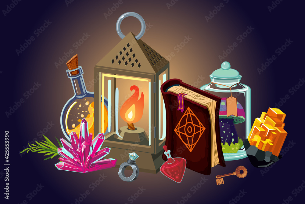 Fantasy background. Magic items collection. Video game items, cartoon ...