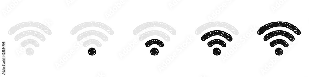 Wi-Fi connection level indicator. Set of hand-drawn wi-fi icons ...
