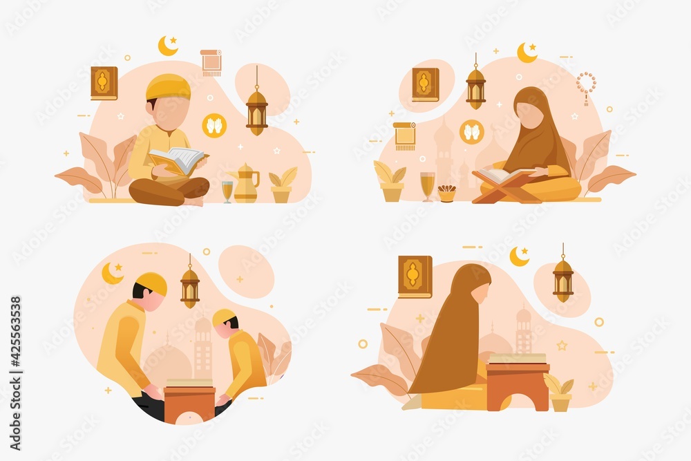 Set of Muslim people reading and learning the quran islamic holy book ...