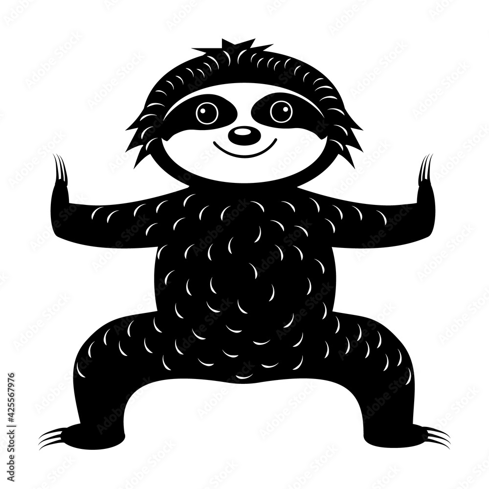 Sloth stands in yoga pose, vector illustration black cartoon stencil ...