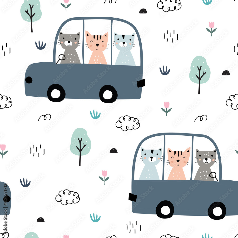 Cars background with driving cartoon cat seamless pattern Hand drawn ...