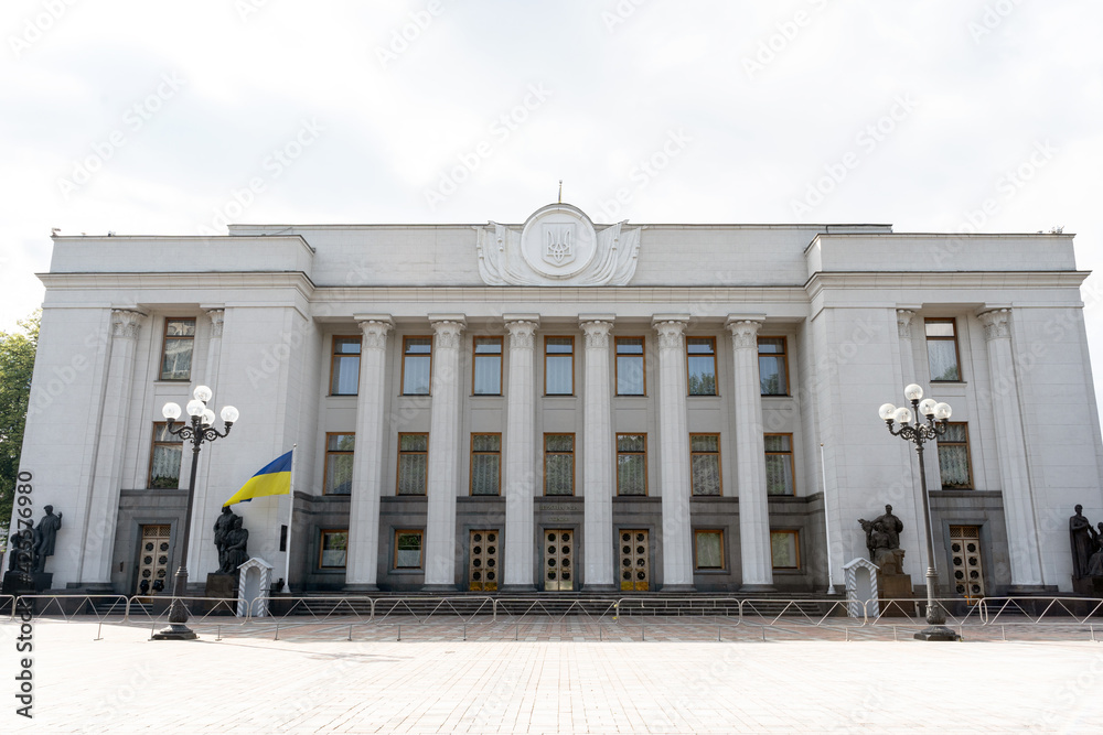 the main entrance to the building of the Ukrainian parliament with ...