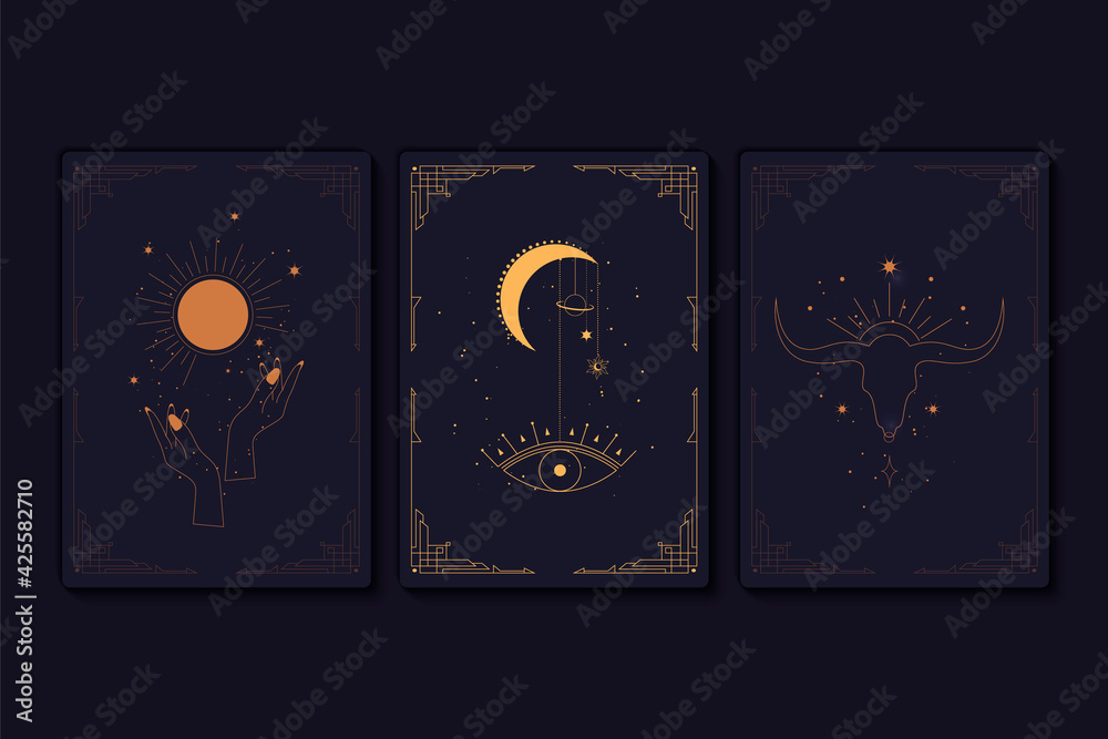 Set of mystical tarot cards. Elements of esoteric, occult, alchemical ...