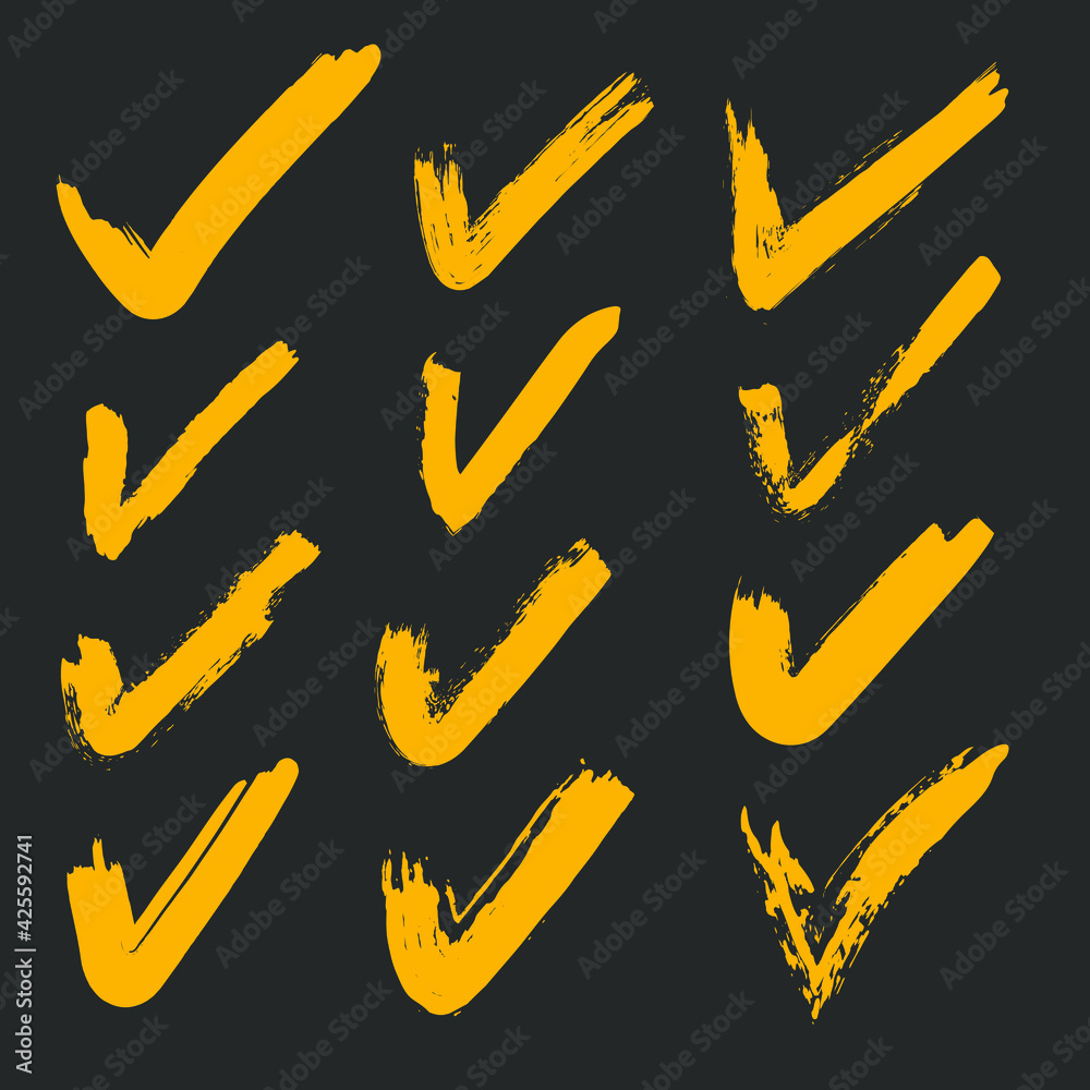 Set of yellow grunge paintbrush check signs. gray background. Vector ...