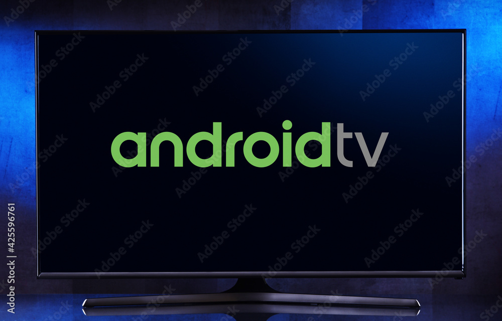 Flat-screen TV set displaying logo of Android TV Stock Photo | Adobe Stock