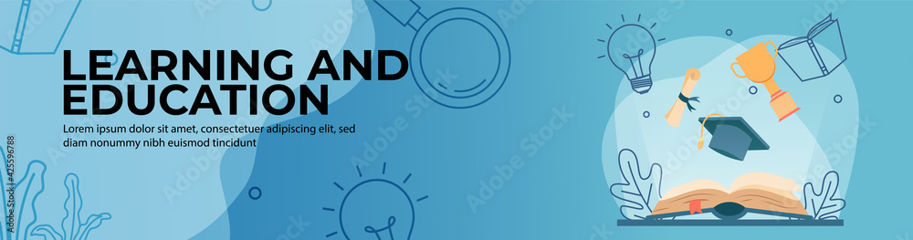 Learning and education Web Banner Design. Open book with light and ...