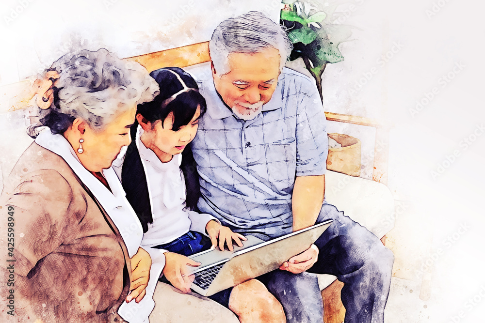 Abstract happiness Grandpa, grandma and granddaughter on watercolor ...