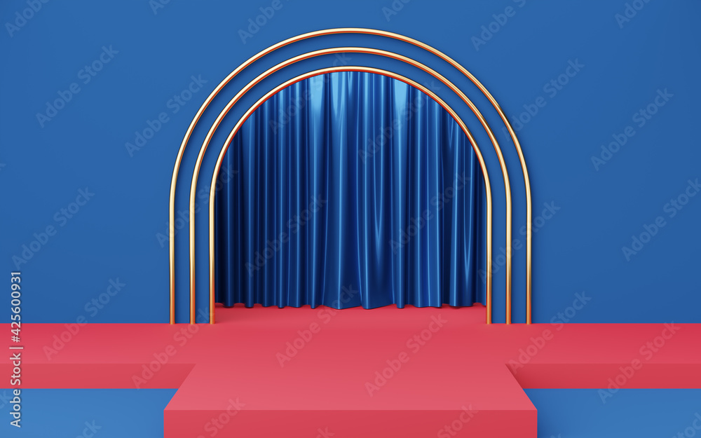 3 Empty red catwalk or podium on gold arch and blue curtain background ...