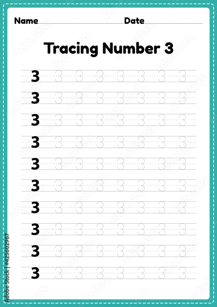 Tracing number 3 worksheet for kindergarten and preschool kids for ...