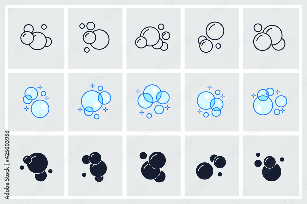 Set of Bubbles icon. Soap foam, fizzy drink, oxygen bubble pictogram ...