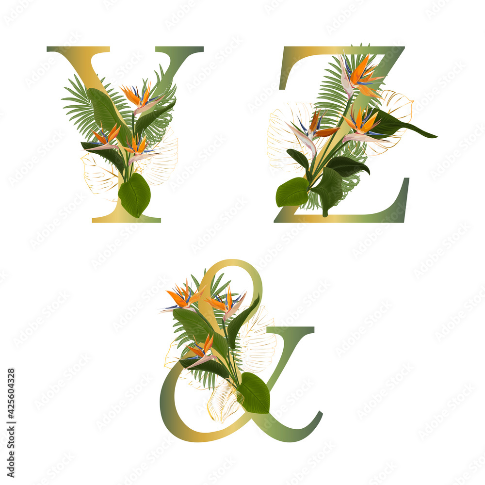 Tropical Floral Alphabet. Set letters with botanical bouquet. Wedding ...