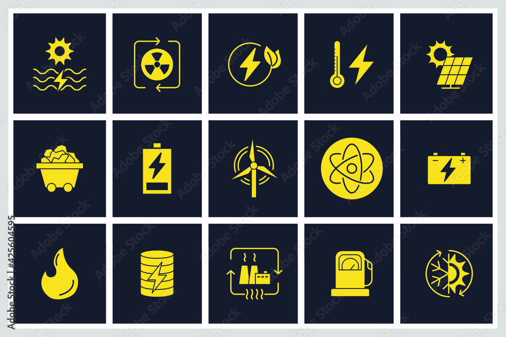 Vetor de Set of Energy Types icon. Hydroelectric Power Station, Solar ...