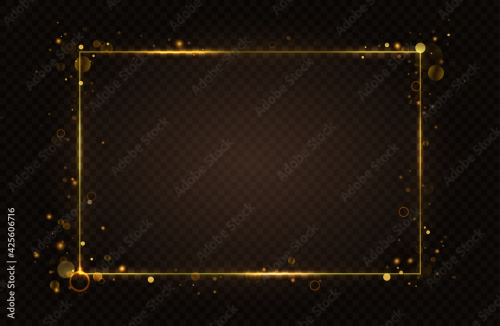 Gold glowing rectangular frame, light effect vector illustration ...