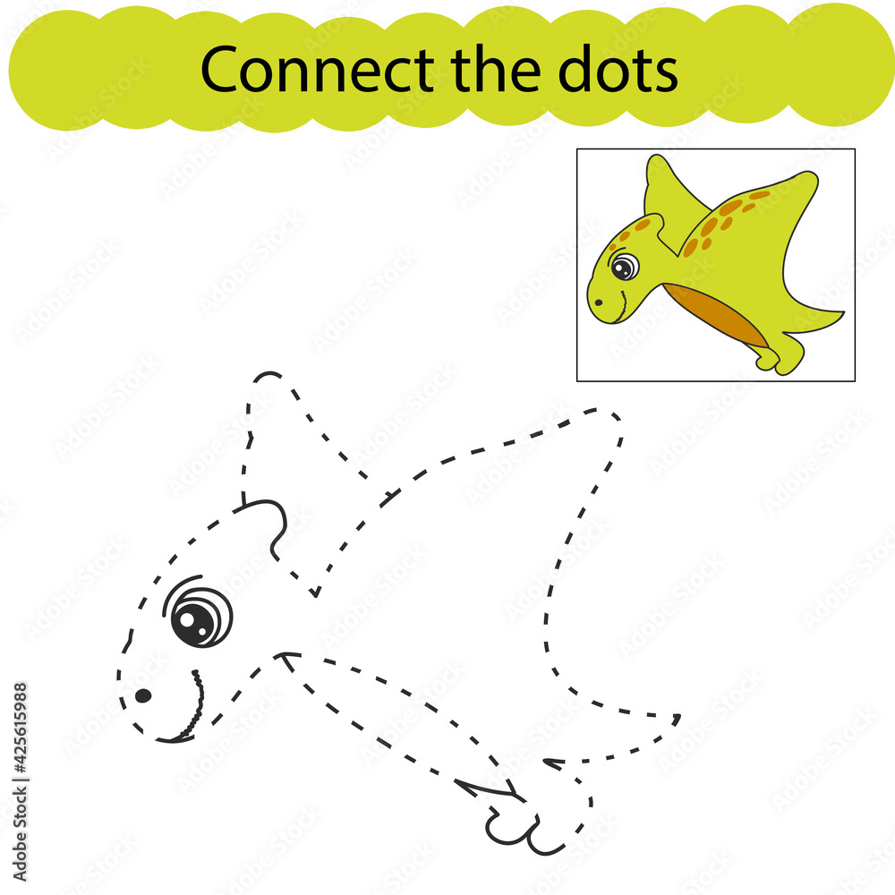 Set connect the dots and draw an dinosaur from a cartoon. Dino world ...