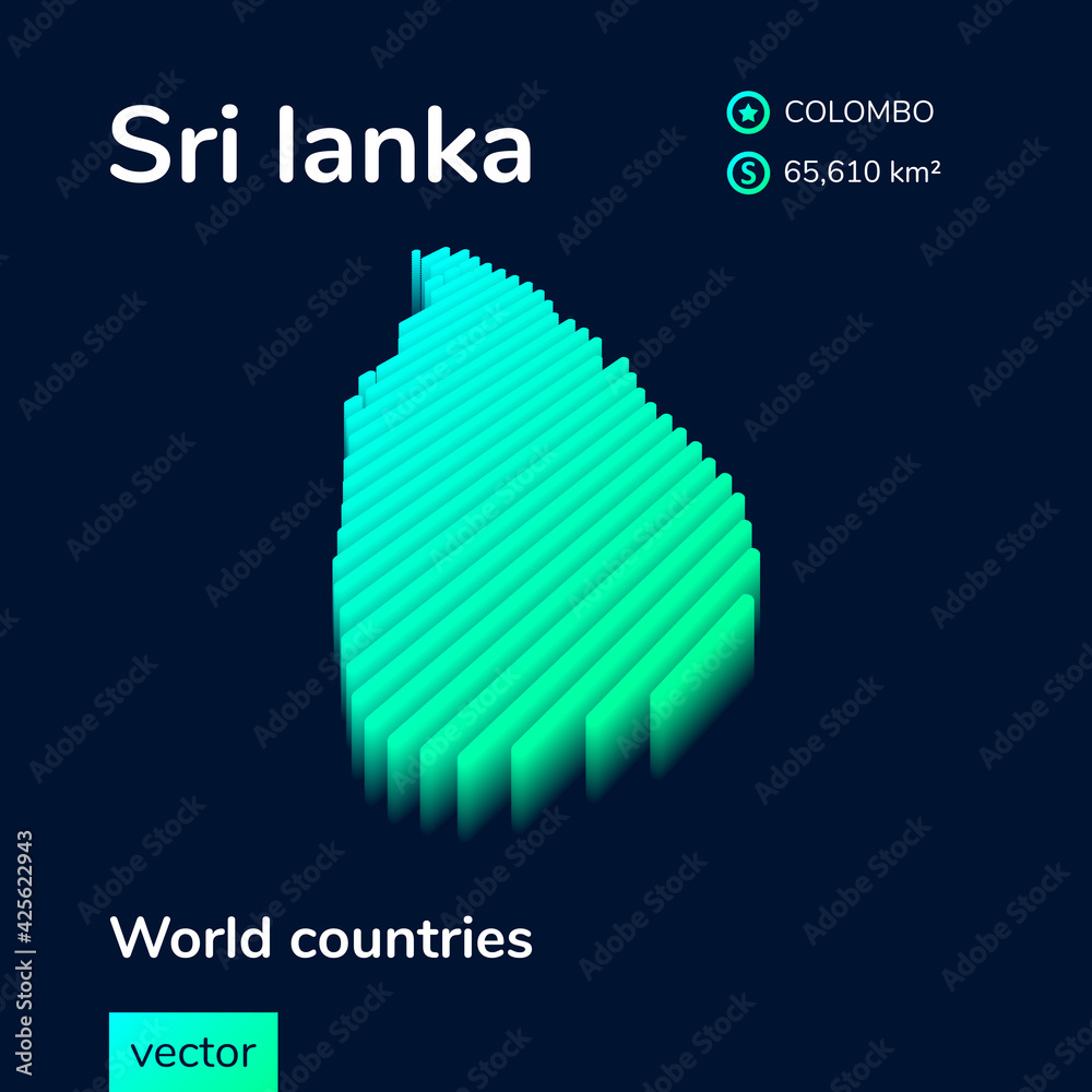 Stylized neon simple digital isometric striped vector Sri lanka map ...