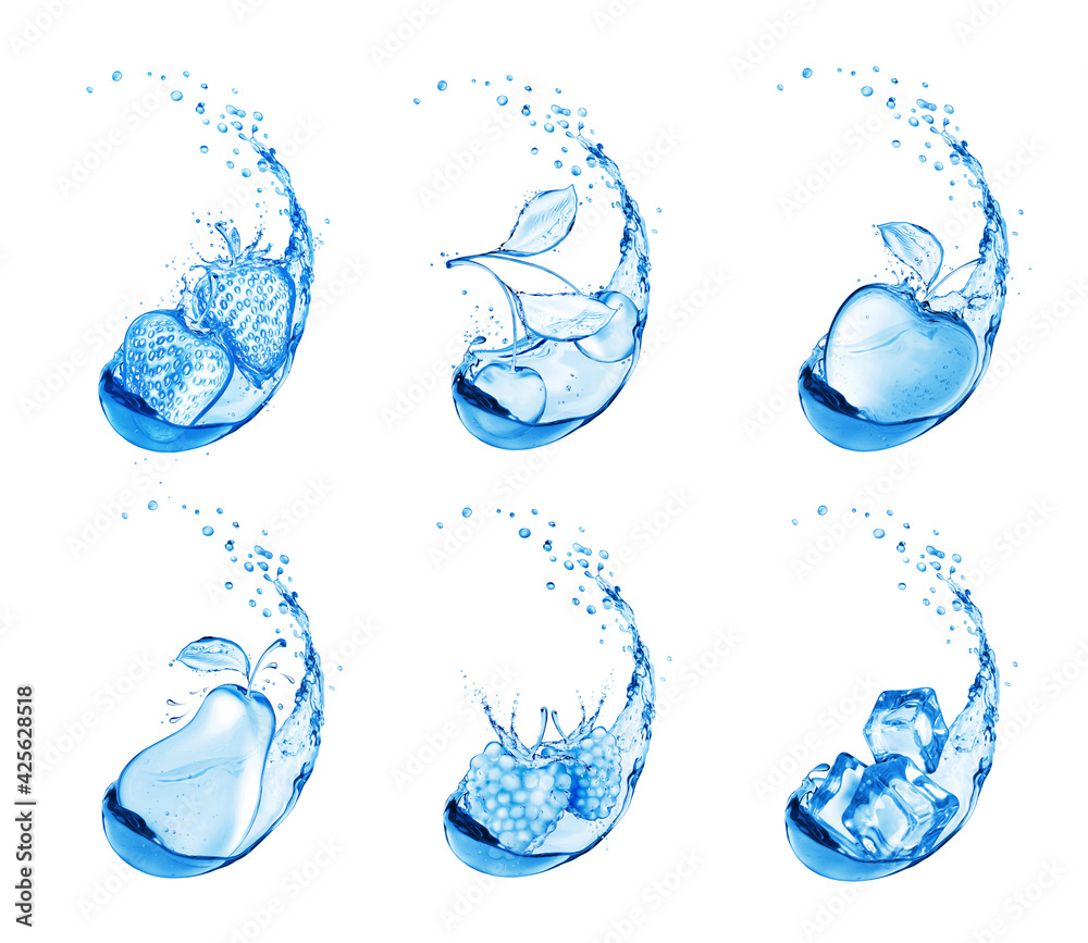 Fruits and berries made of water. Conceptual image isolated on white ...