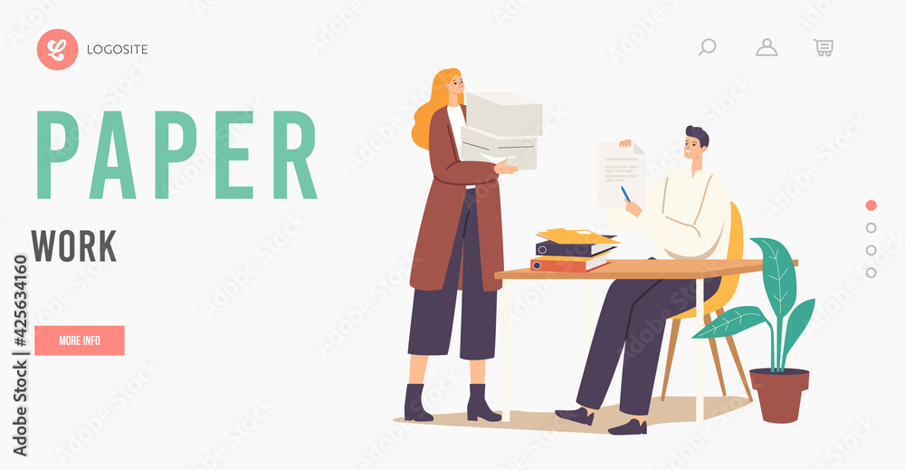 Vetor de Office Employee Paper Work Landing Page Template. Man and ...